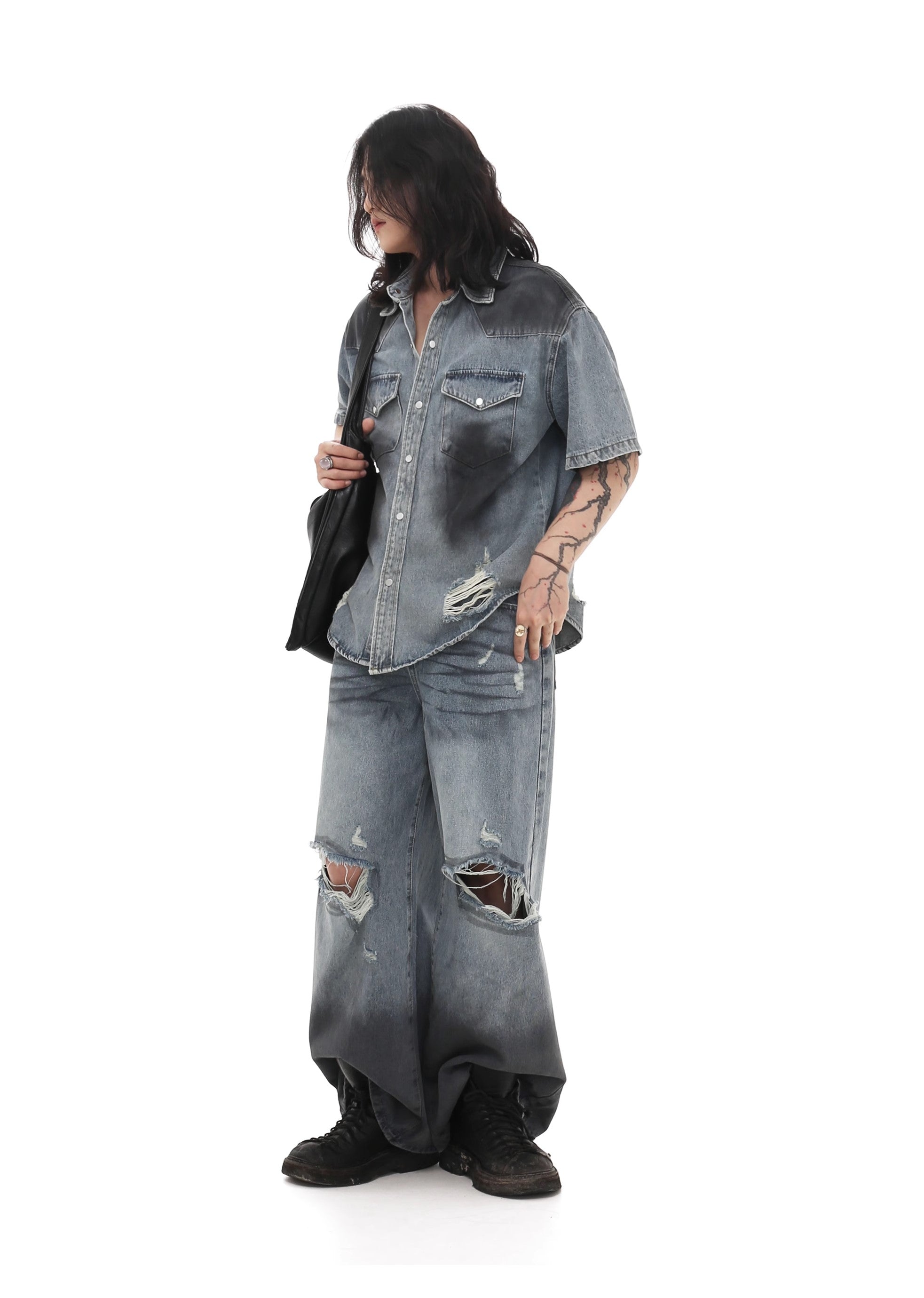 【GIBBYCNA】Random wash mid-distressed wide denim setup GC0003 – HI-LANDER