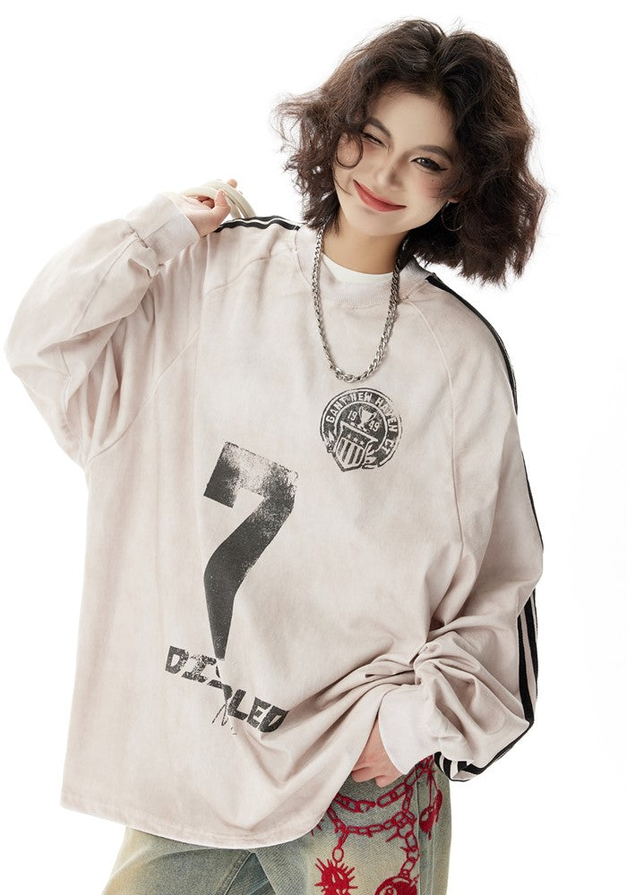 【H GANG X】Side line front number design loose long sleeve T-shirt HX01 ...