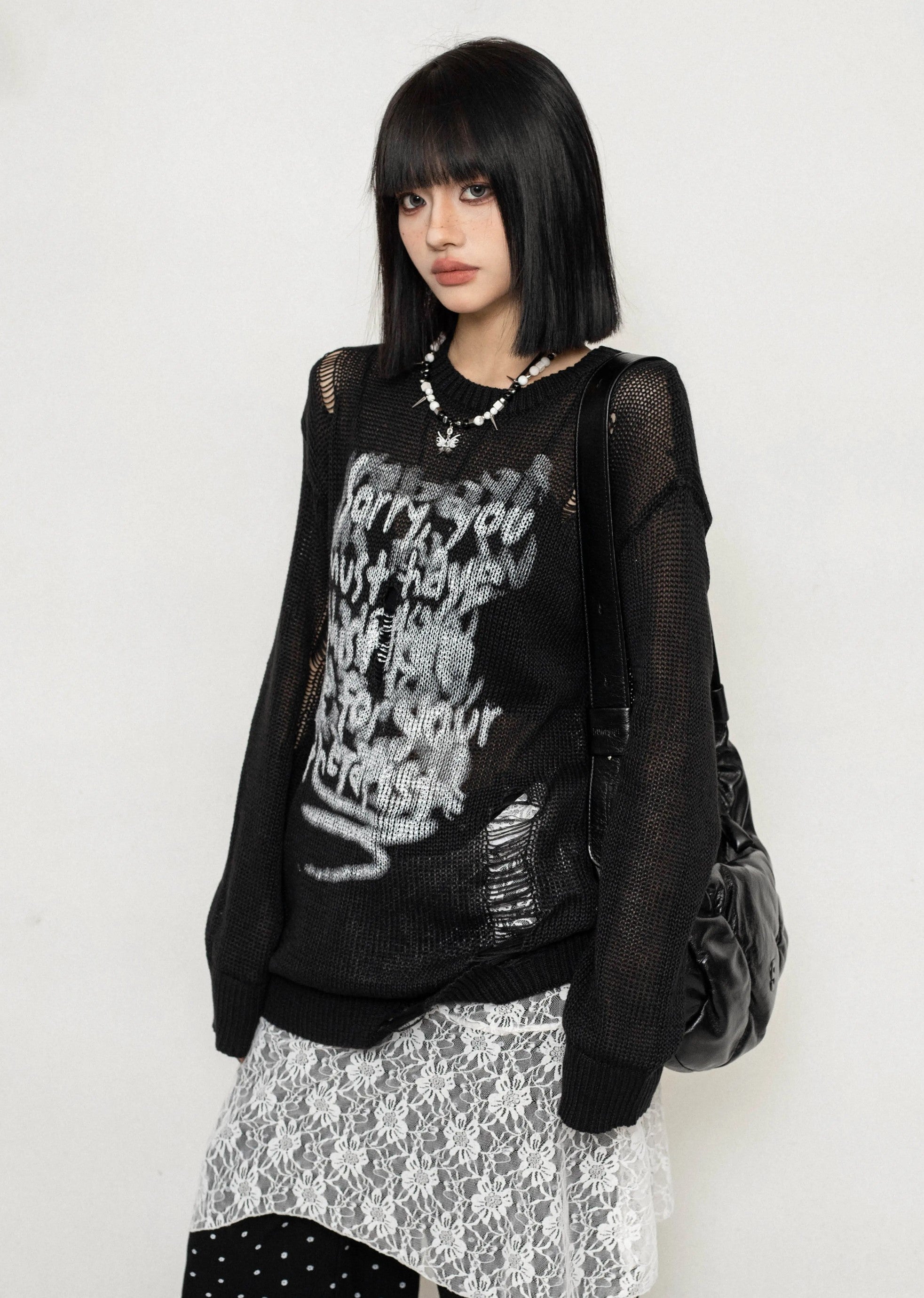 【ZERO STORE】See-through design front initial tight long sleeve T-shirt ...
