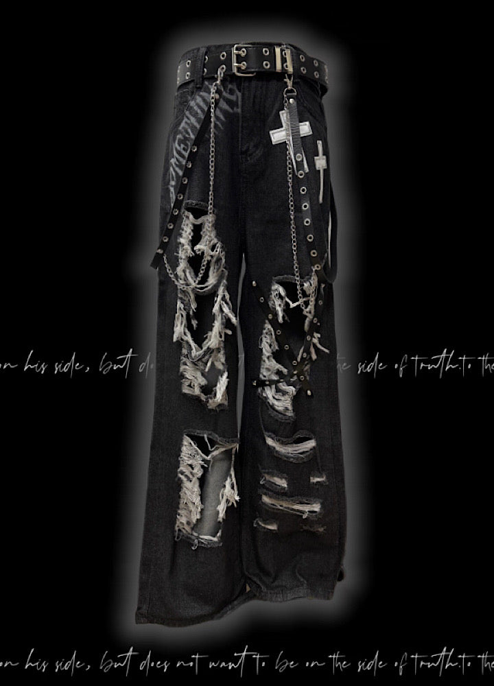 【Miub】High damage gimmick print design black denim pants MB0002 – HI-LANDER