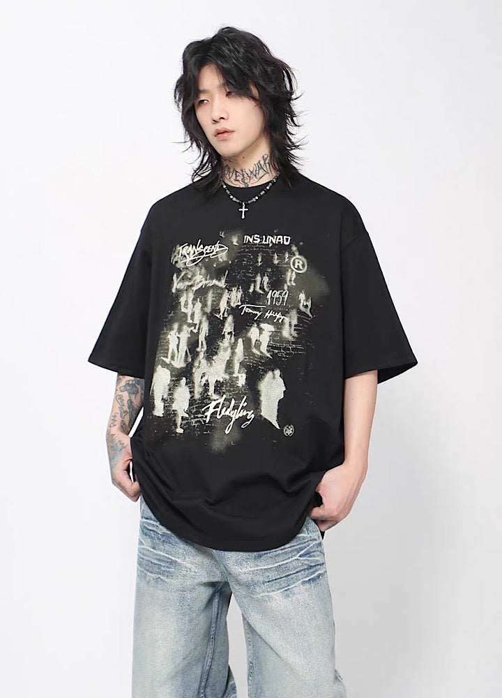 【Mz】Front Vintage Human Silhouette Dull Oversized Short-Sleeved T-Shir ...
