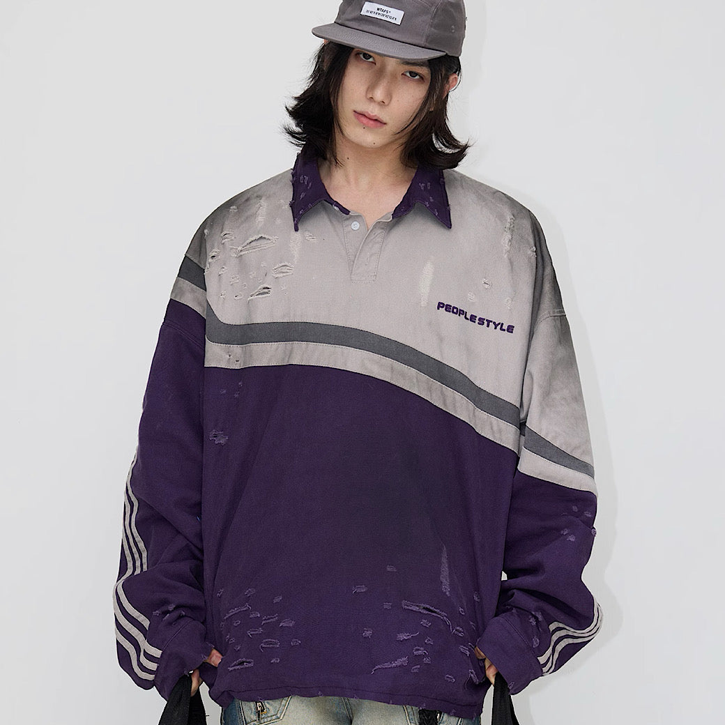 【People Style】Tattered and dull distressed design polo sweatshirt PS00 ...