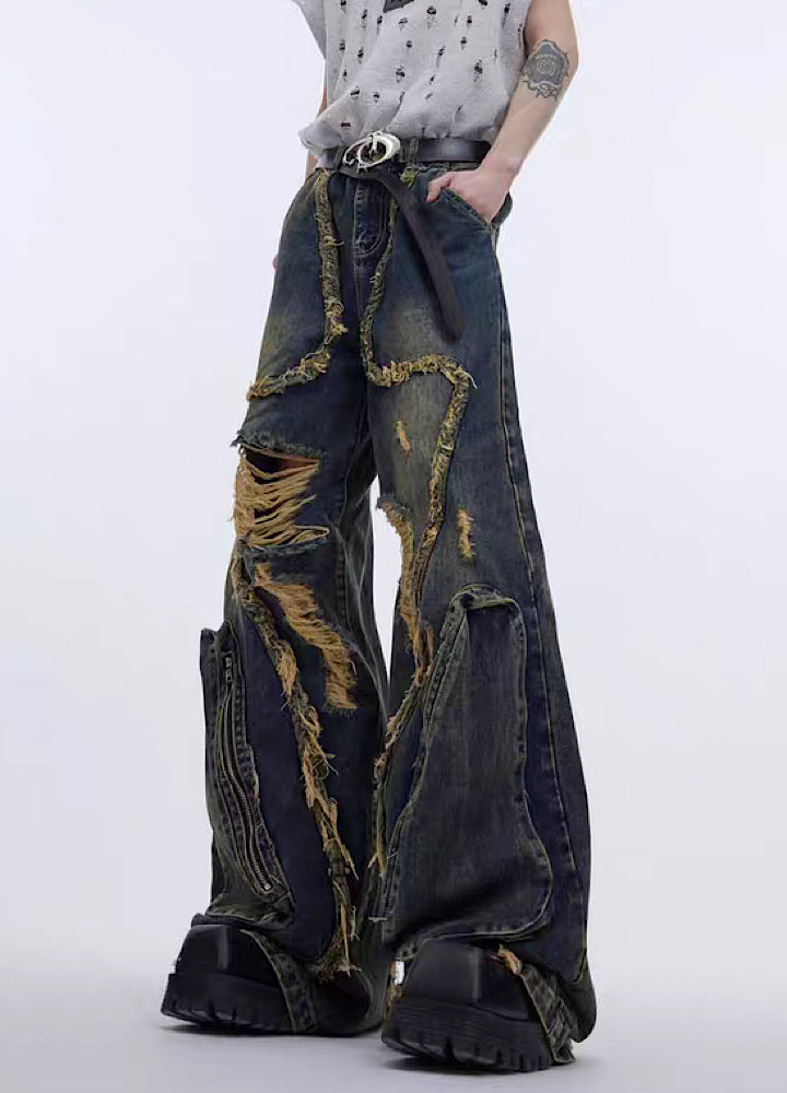 【Culture E】Mid-over silhouette distressed aglade denim pants CE0112 ...