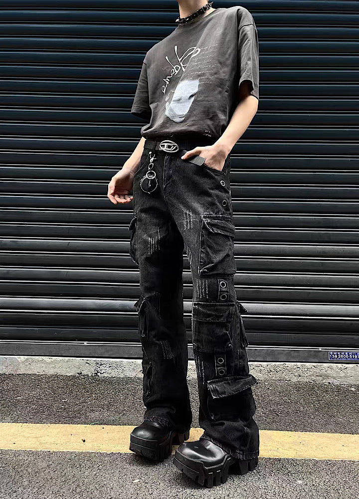MAXDSTR】Multi-pocket graphic design cargo denim pants MAXDSTR】Multi-pocket graphic design cargo denim pants