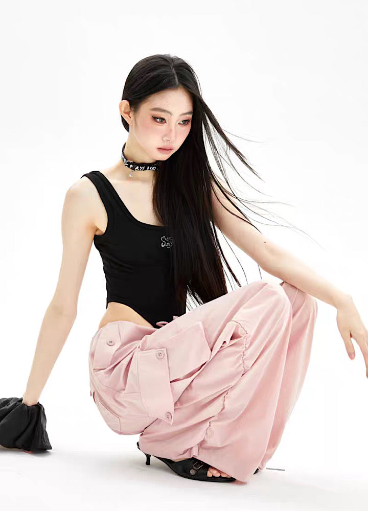 【398temp】Side puddle line loose picture wide cargo rise pants TM0006 ...